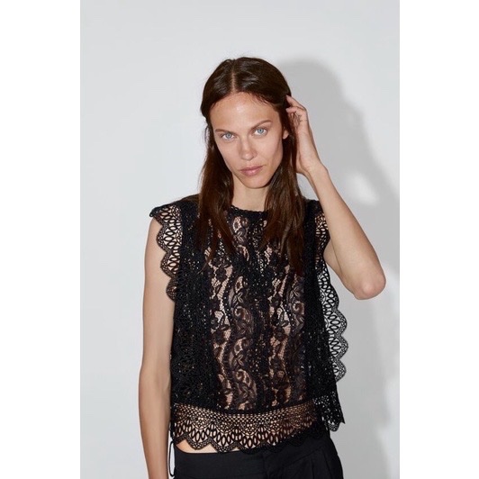 Zara黑色拼接蕾絲上衣L碼｜PopChill 拍拍圈