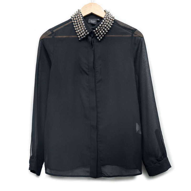 【律師娘私服】iROO 黑色鉚釘領透膚襯衫｜PopChill 拍拍圈