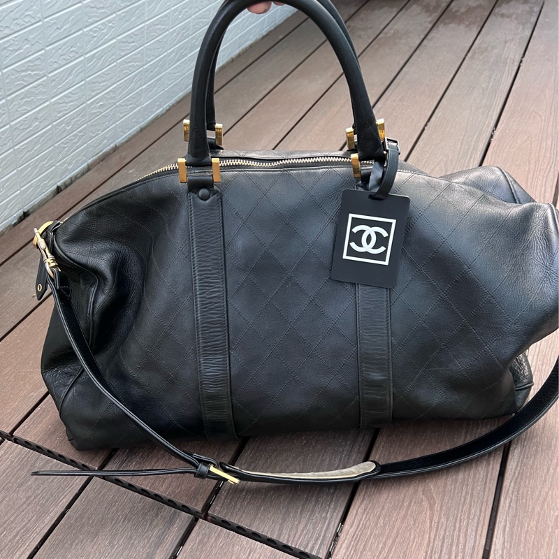 時髦 收藏 機場包 古董老香 CHANEL 黑色 菱格紋 車線 手提包 側背包 大旅行袋 keepall VINTAGE｜PopChill 拍拍圈