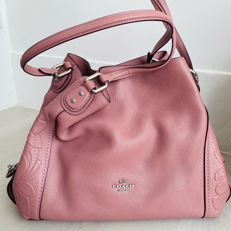 COACH蔻馳正品女士手提包單肩包托特包牛皮荔枝紋花紋玫瑰粉色12034 /附防塵袋｜PopChill 拍拍圈