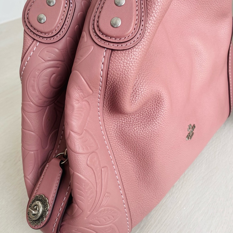 COACH蔻馳正品女士手提包單肩包托特包牛皮荔枝紋花紋玫瑰粉色12034 /附防塵袋｜PopChill 拍拍圈