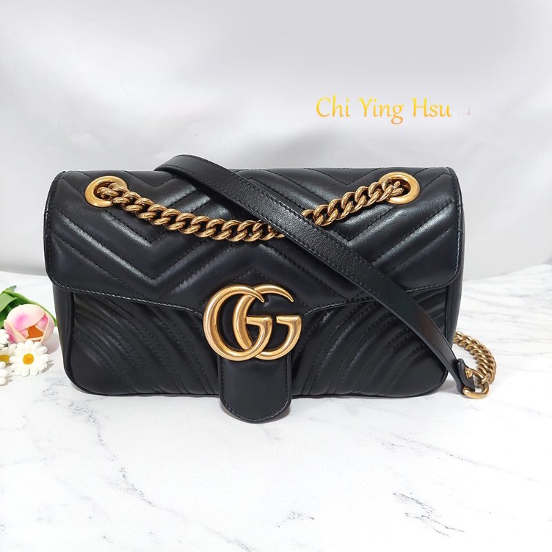 Gucci Marmont 🎀現貨實拍 🎀仿舊金雙G皮革斜背/肩背包-26cm(443497-黑)~二手9成新以上｜PopChill 拍拍圈