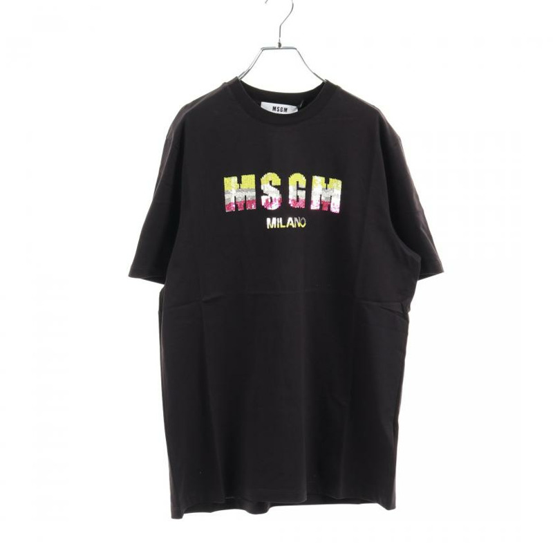 【日本直送】 Pre-owned MSGM T-shirt Cut and sew Crew neck sequin logo embroidery black multicolor ...