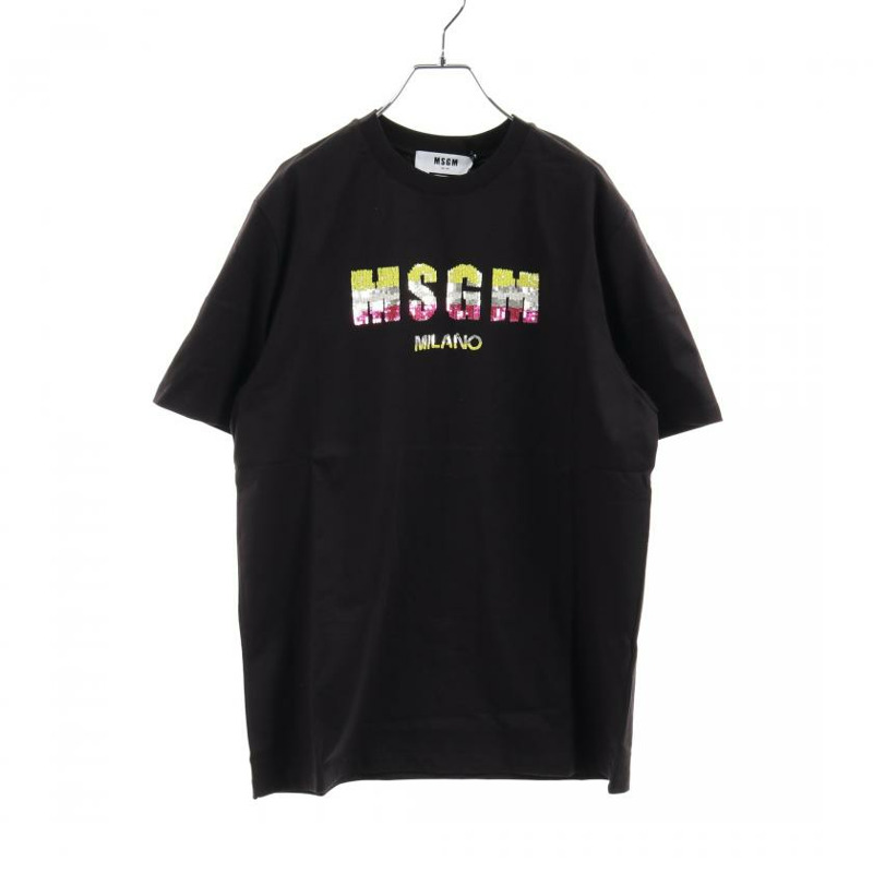 【日本直送】 Pre-owned MSGM T-shirt Cut and sew Crew neck sequin logo embroidery black multicolor ...