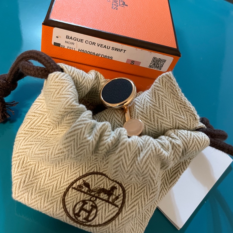 Hermès 愛馬仕 COR H 玫瑰金戒指 拼皮黑色｜PopChill 拍拍圈