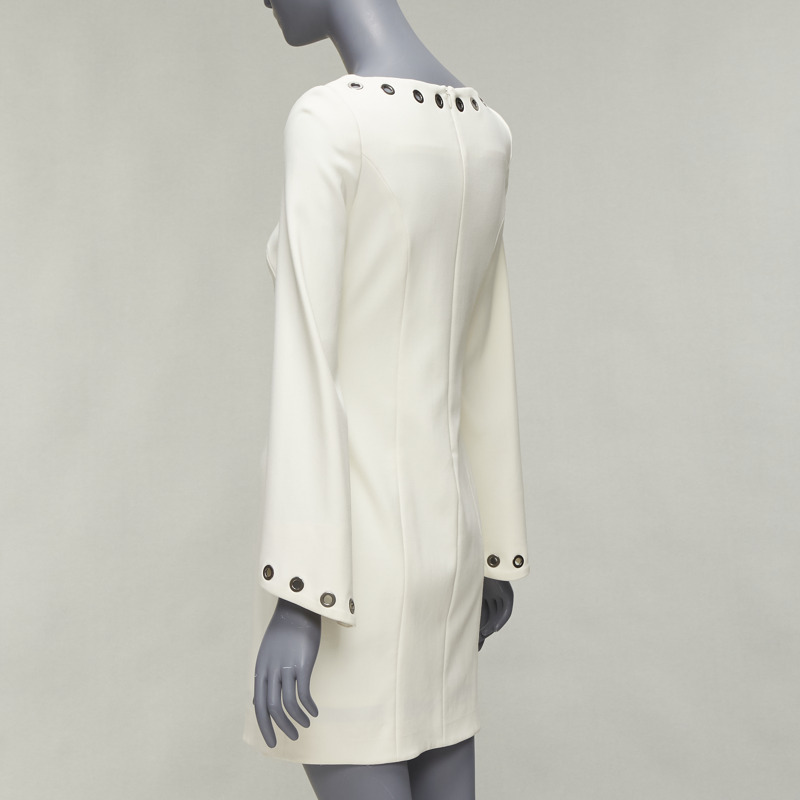 CELINE Vintage grommet detail cream crepe bell sleeve mini shift dress ...