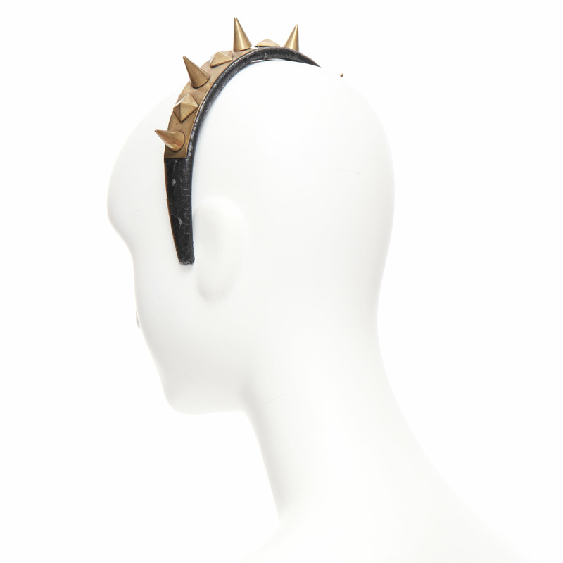 rare GIVENCHY Riccardo Tisci antique gold spike black leather headband ...