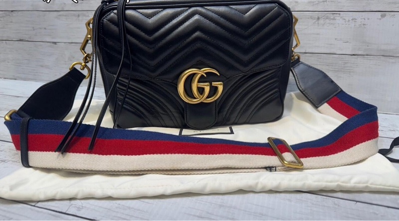 GUCCI 498100 Marmont 黑牛皮 手提包 肩背包 相機包 三用包 原價9萬 #秒價割愛36800這價格趕快買 拉鍊 相機包 超 ...