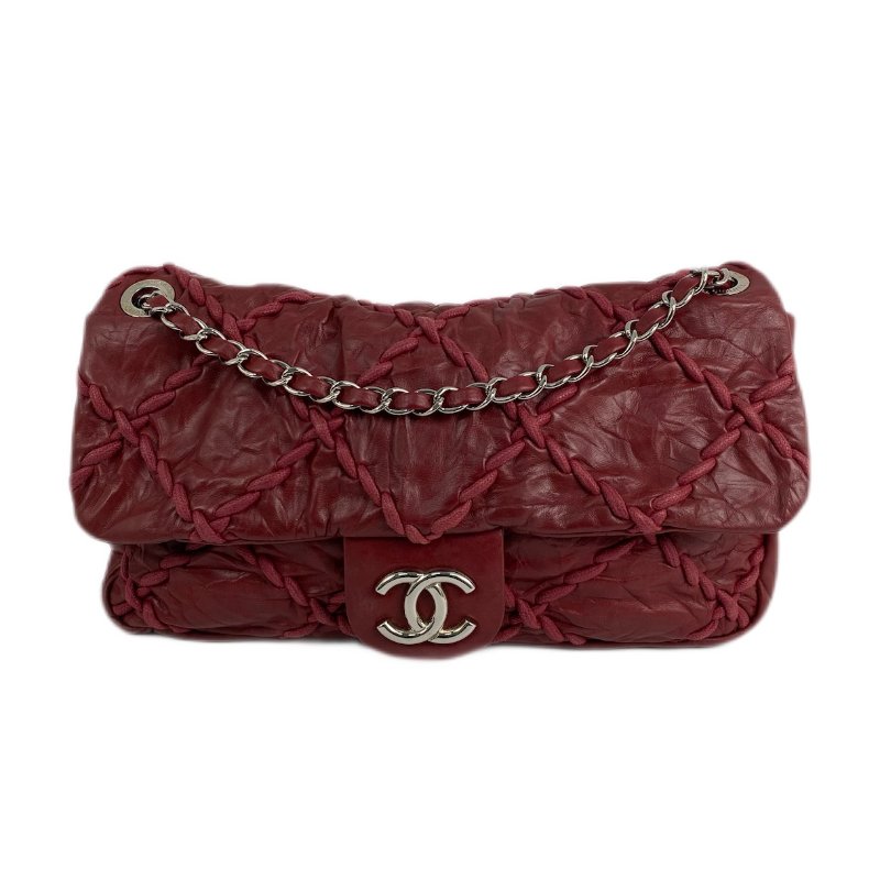 Chanel 香奈兒 Wine Red Grained Calfskin Wild Stitch Silver Tone Metal ...